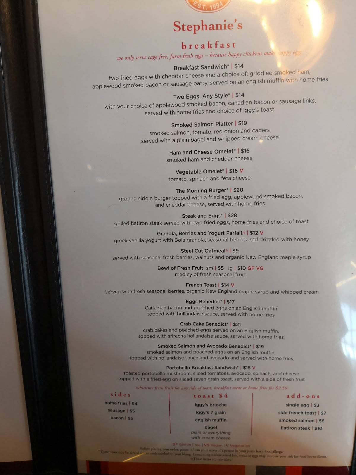 Menu at Stephanie's pub & bar, Boston, Logan Airport Terminal B