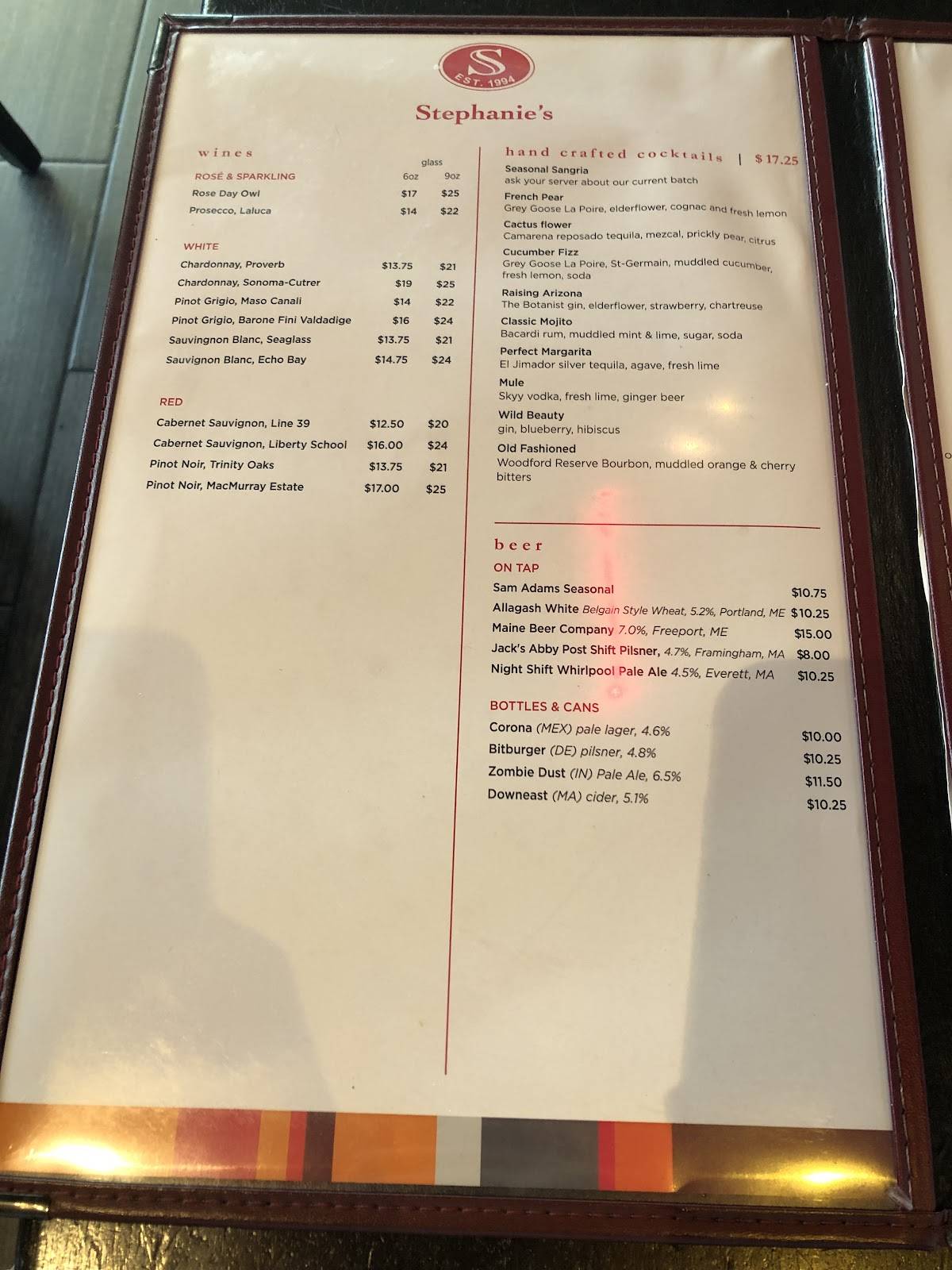 Menu at Stephanie's pub & bar, Boston, Logan Airport Terminal B