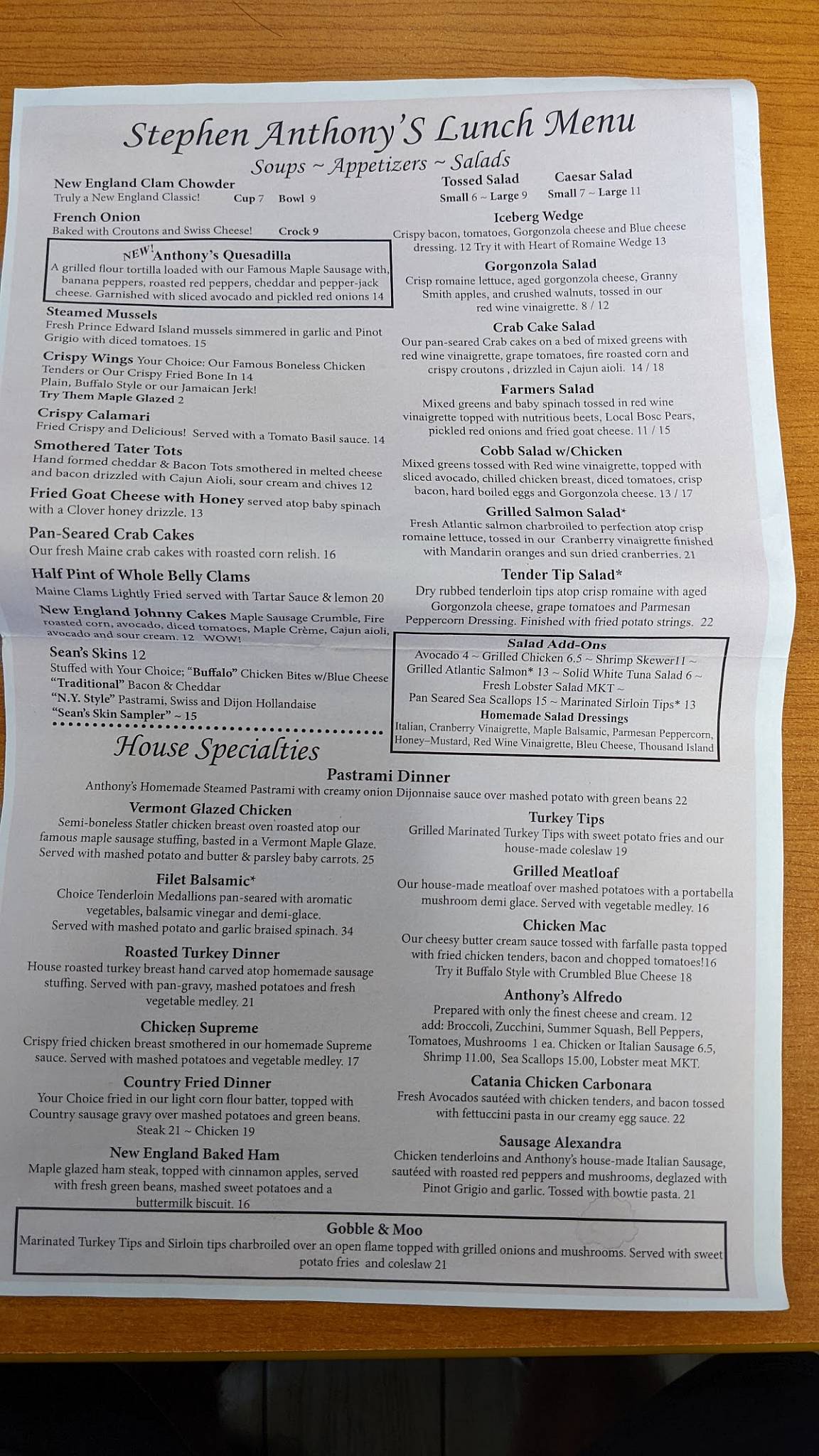 Menu at Stephen Anthony's Restaurant, Marlborough