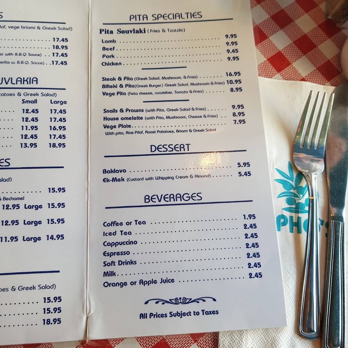 Menu at Stepho's Souvlaki Greek Taverna restaurant, Vancouver, Davie St