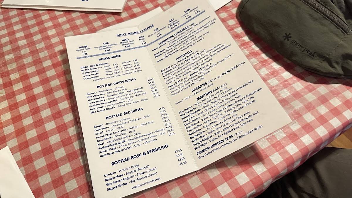 Menu at Stepho's Souvlaki Greek Taverna restaurant, Vancouver, Davie St