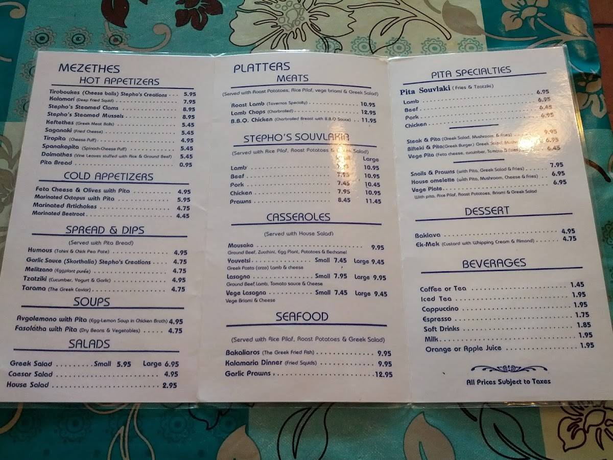 Menu at Stepho's Souvlaki Greek Taverna restaurant, Vancouver, Davie St