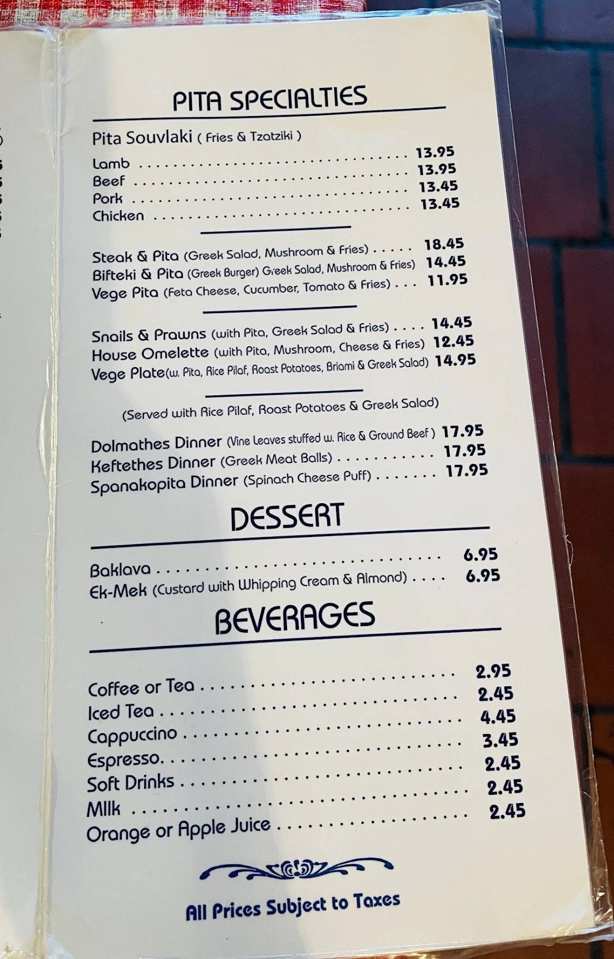 Menu at Stepho's Souvlaki Greek Taverna restaurant, Vancouver, Davie St