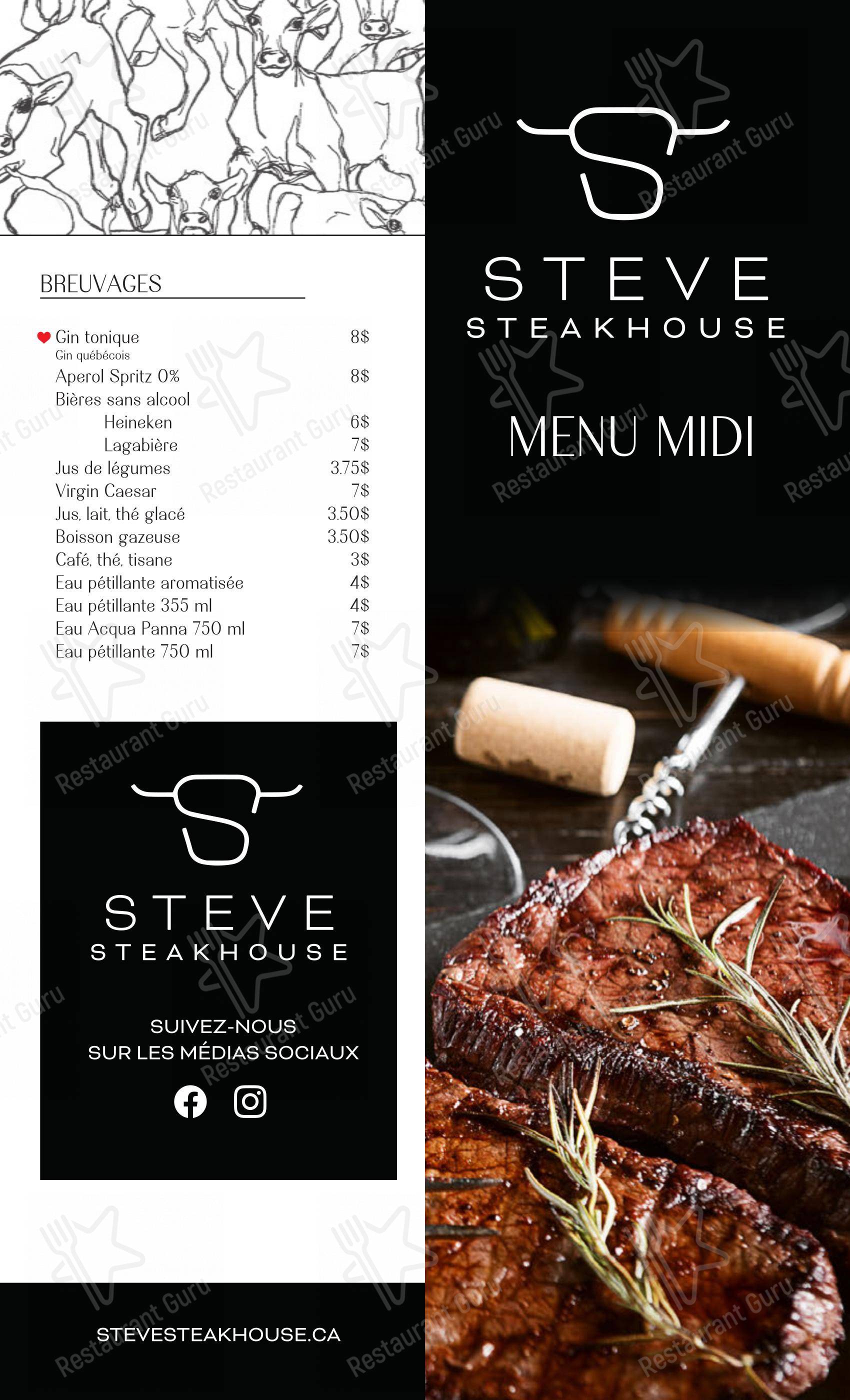 Menu au Steve Steakhouse, Saint-Jean-sur-Richelieu