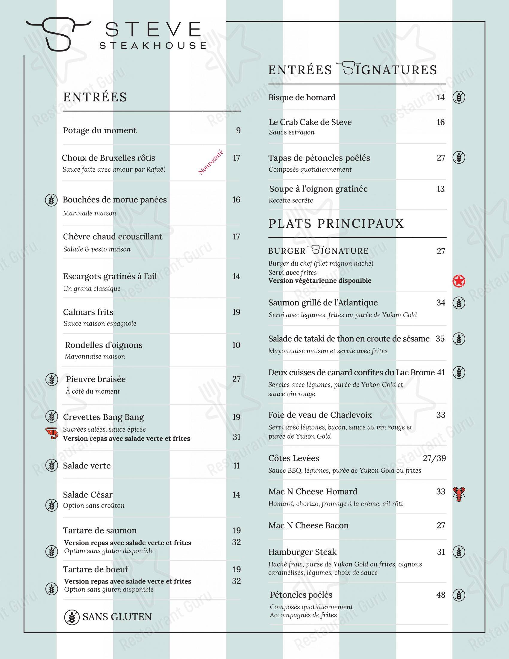 Menu au Steve Steakhouse, Saint-Jean-sur-Richelieu