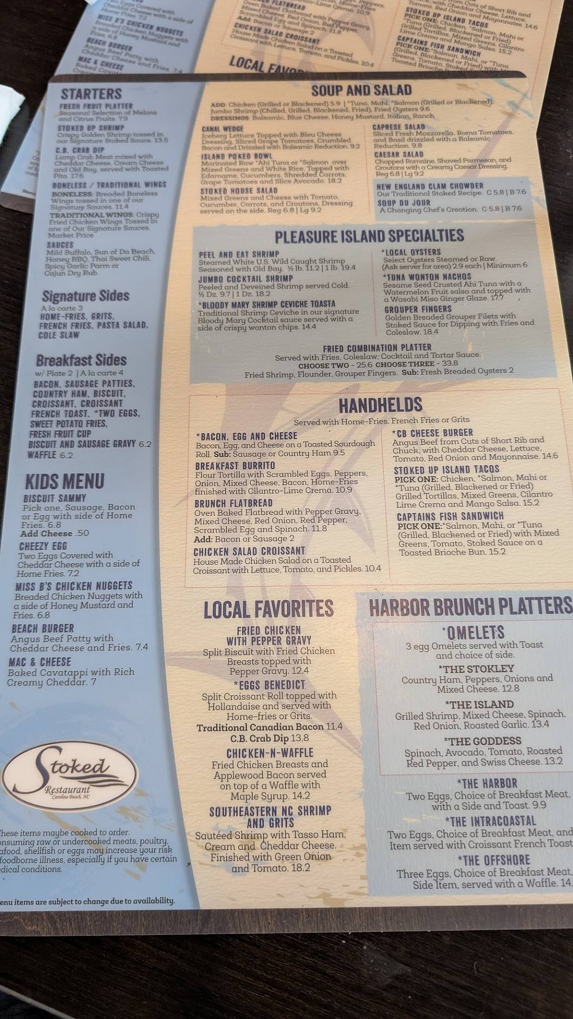 Menu at Stoked Restaurant, Carolina Beach