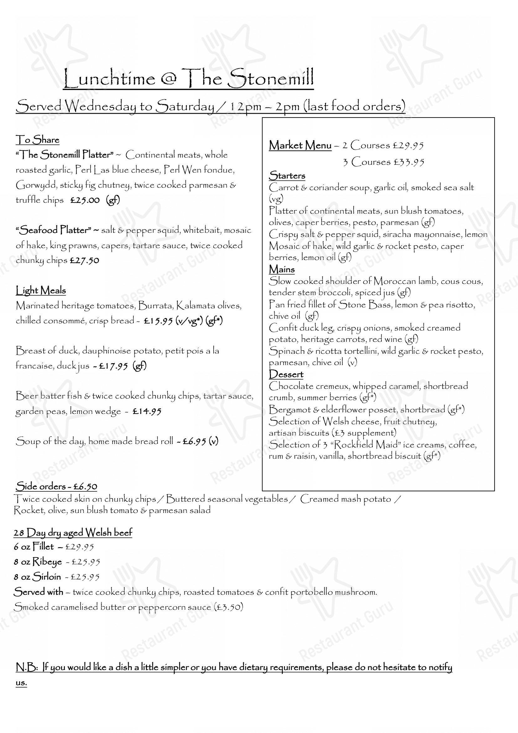 Menu at Stonemill Restaurant, Monmouth