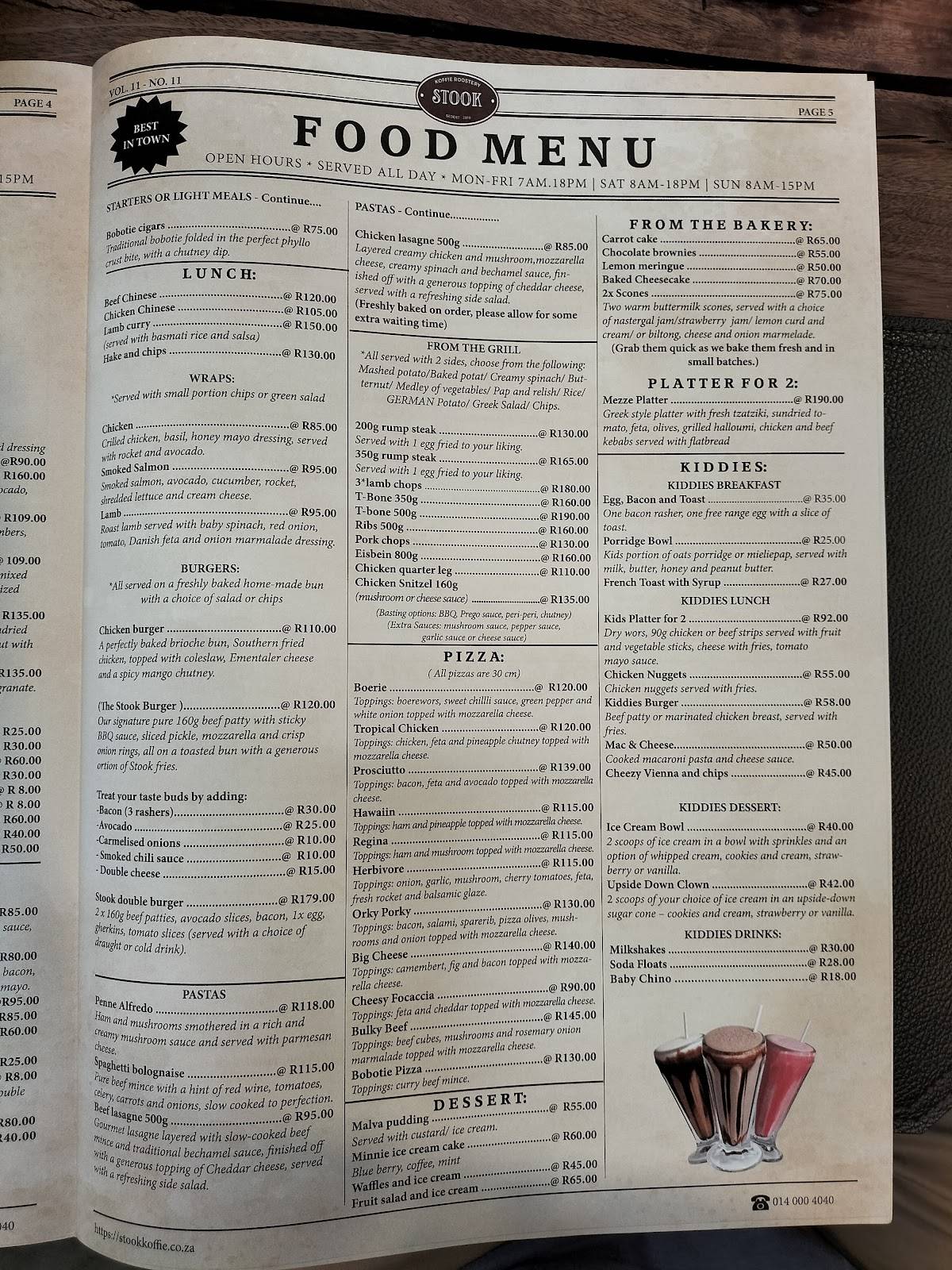 Menu at Stook Koffie Roostery restaurant, Rustenburg