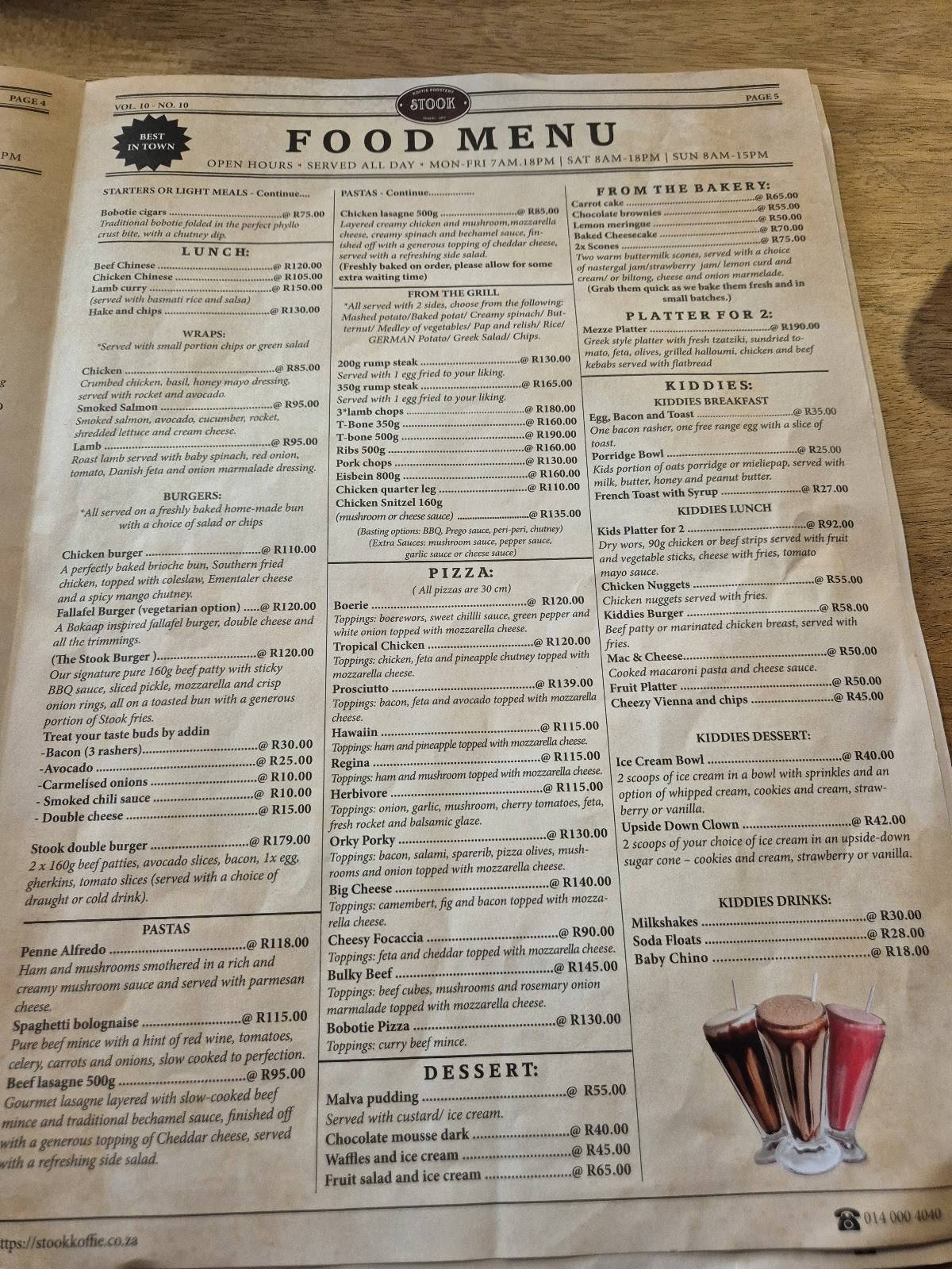 Menu at Stook Koffie Roostery restaurant, Rustenburg