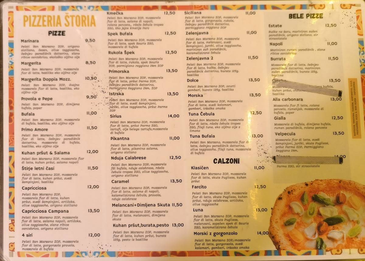 Menu at Štoria restaurant, Koper, Pristaniška ulica 2