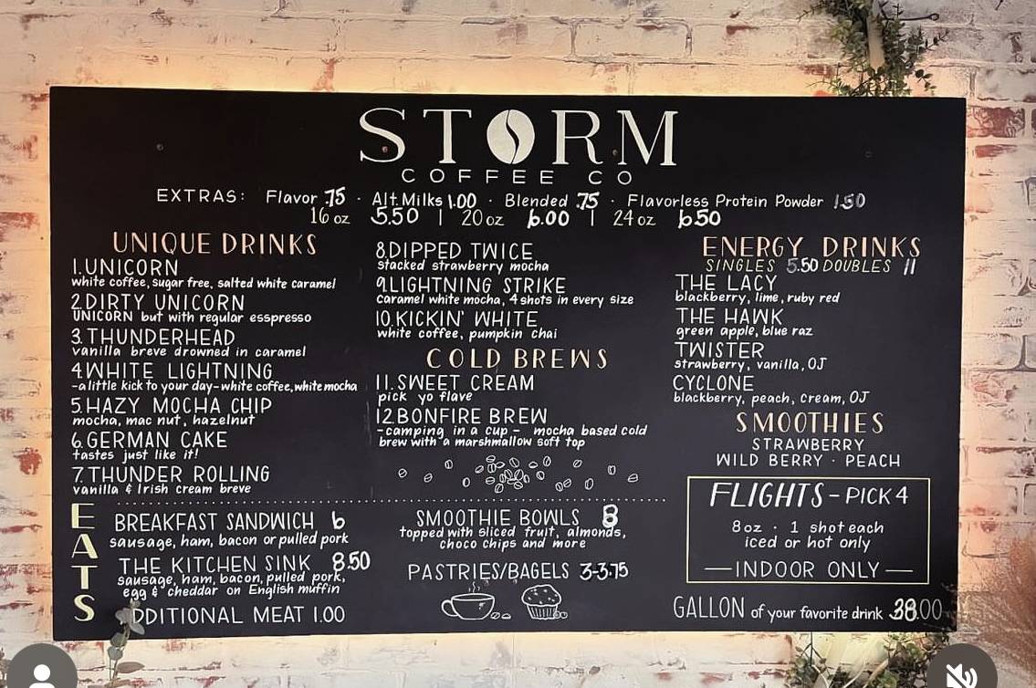 Menu at Storm Coffee Co. pub & bar, Turner