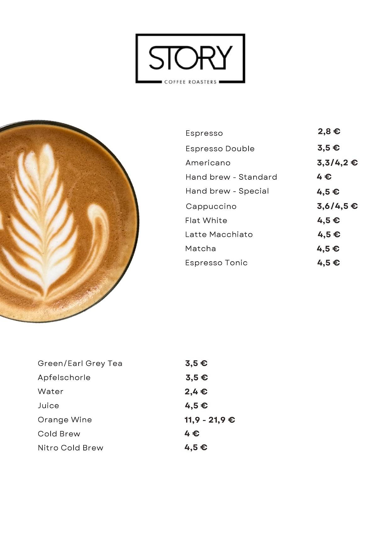 Menu at Story Coffee Rösterei DELI (Kaffeespezialitäten), Berlin