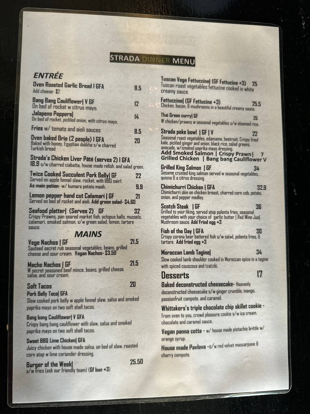 Menu at Strada Cafe/Restaurant, Masterton