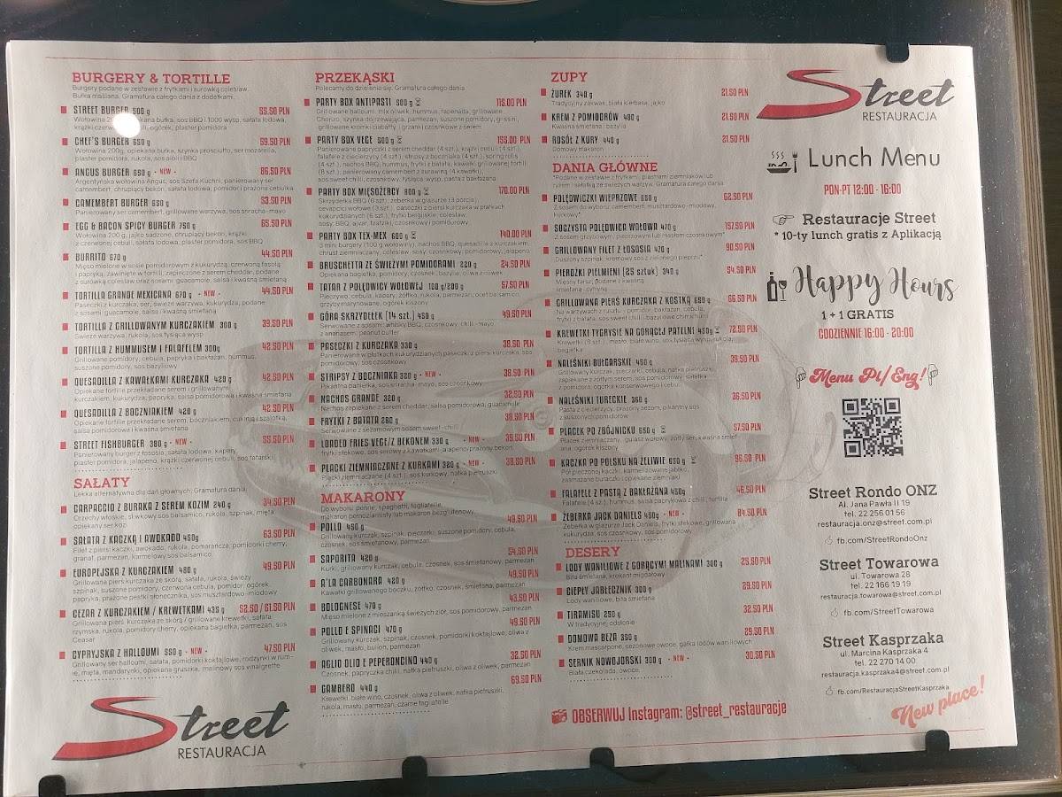 Menu at Street Restauracja, Warsaw, al. Jana Pawła II 19