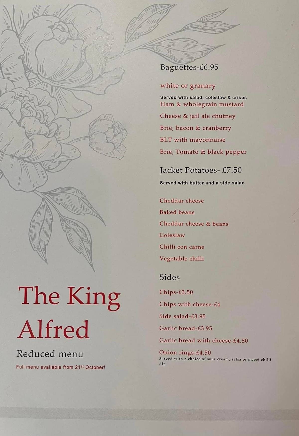 Menu at The King Alfred pub & bar, Street