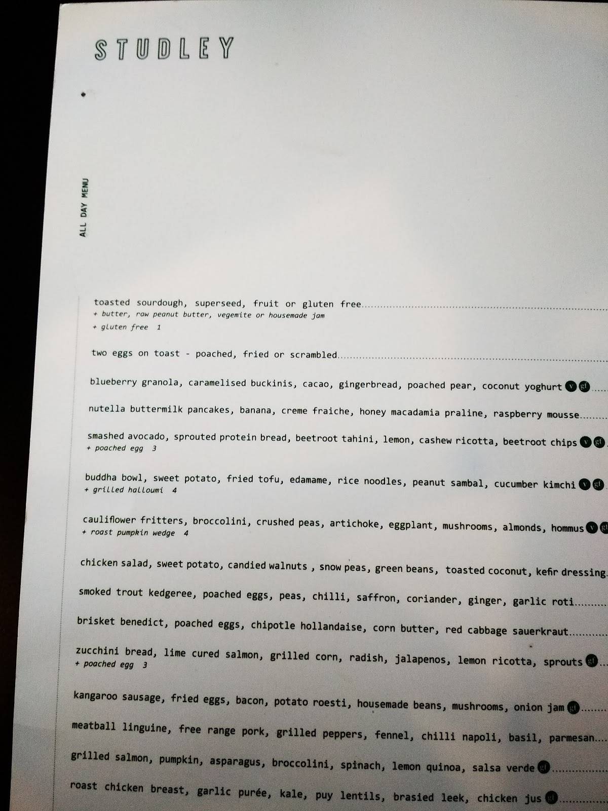 Menu at Studley Grounds cafe, Kew