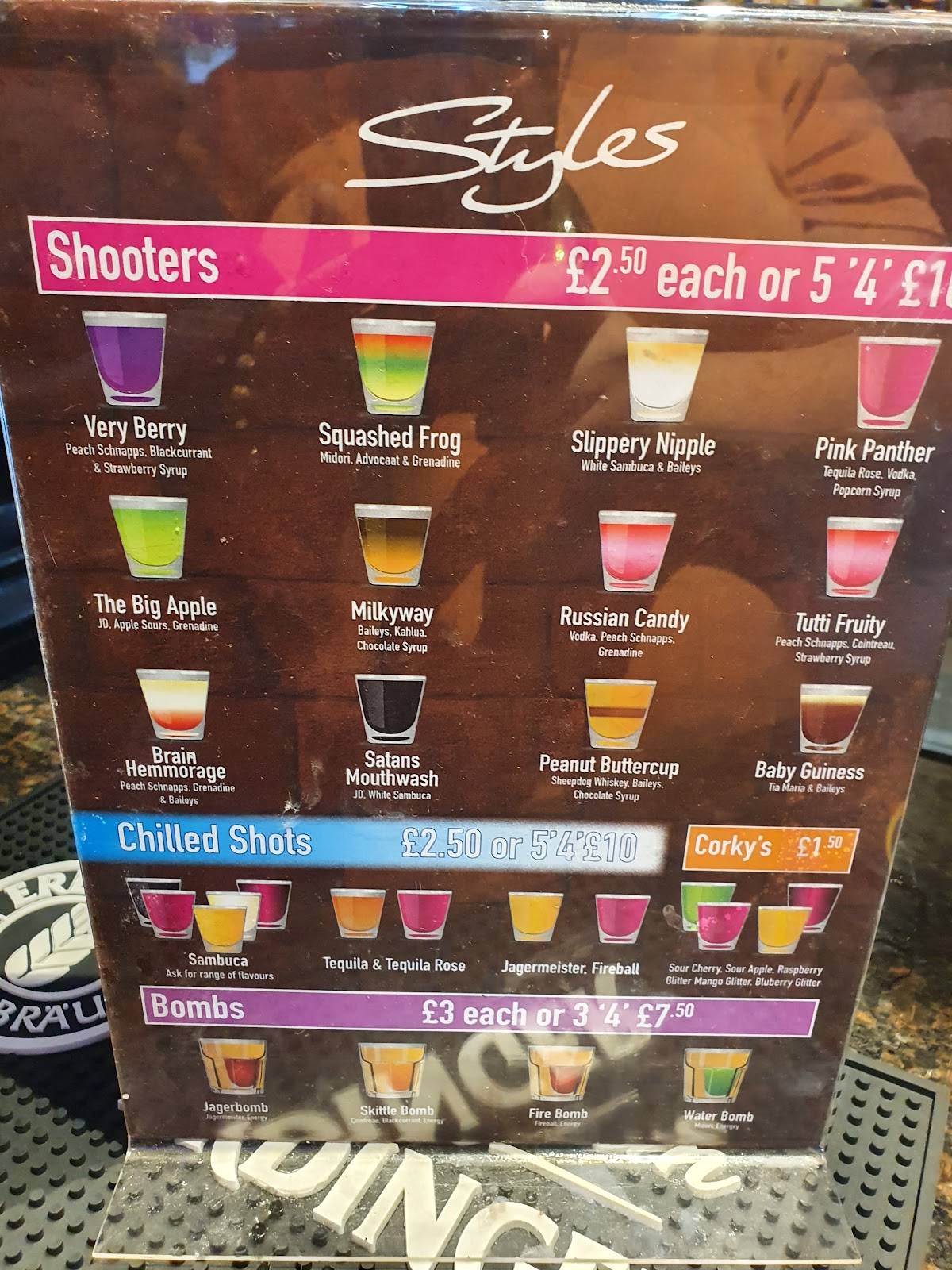 Menu at Styles Bar, Ormskirk