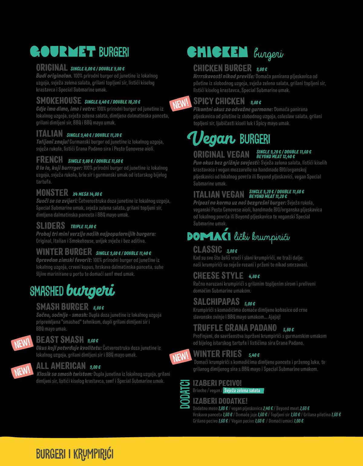 Menu au Submarine Burger - Mall Of Split restaurant, Split