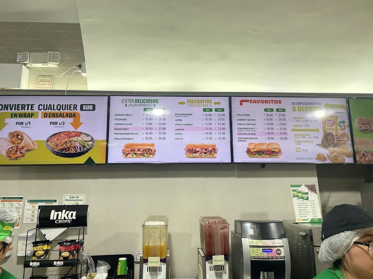Carta del restaurante Subway, Miraflores, Av. José Pardo 635