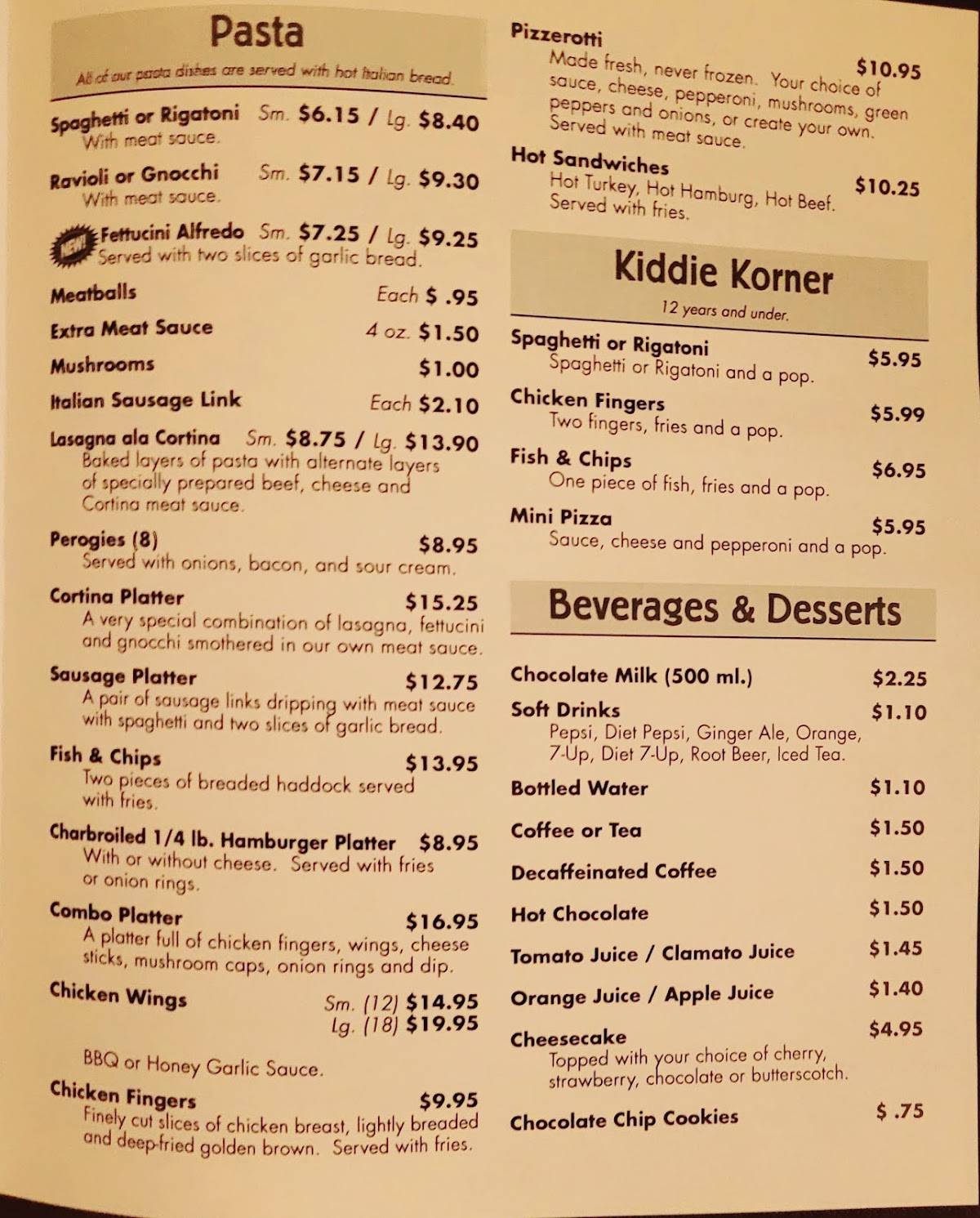 Menu at Cortina Pizza Hanmer pizzeria, Sudbury