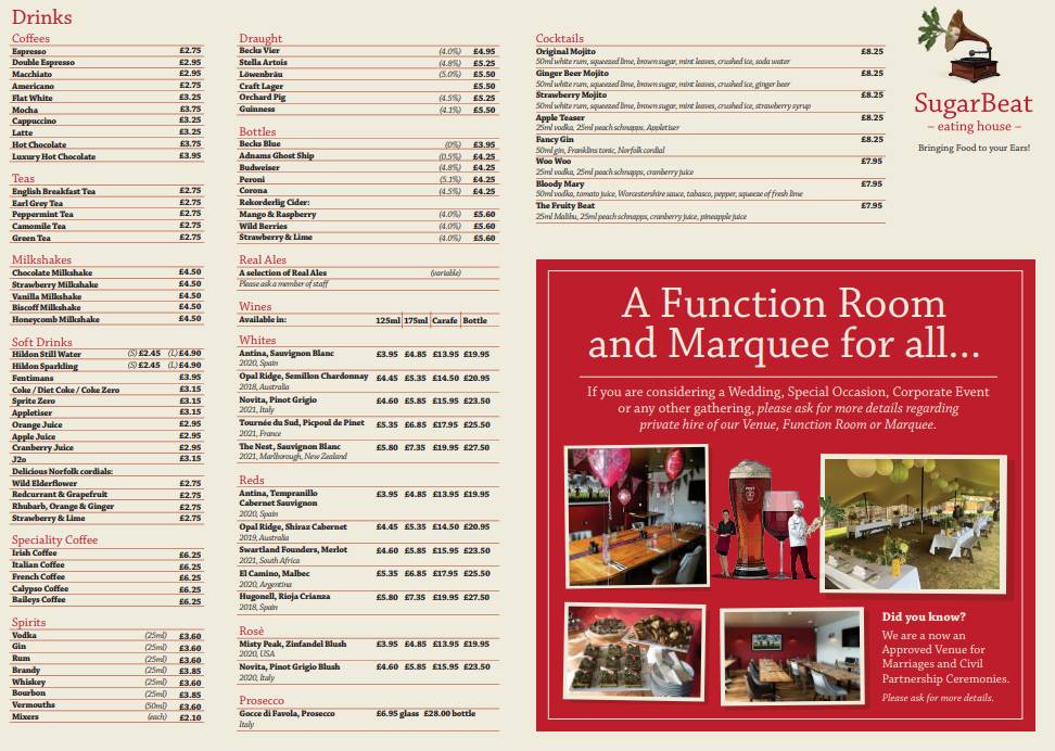 Menu at SugarBeat Eating House restaurant, Norwich
