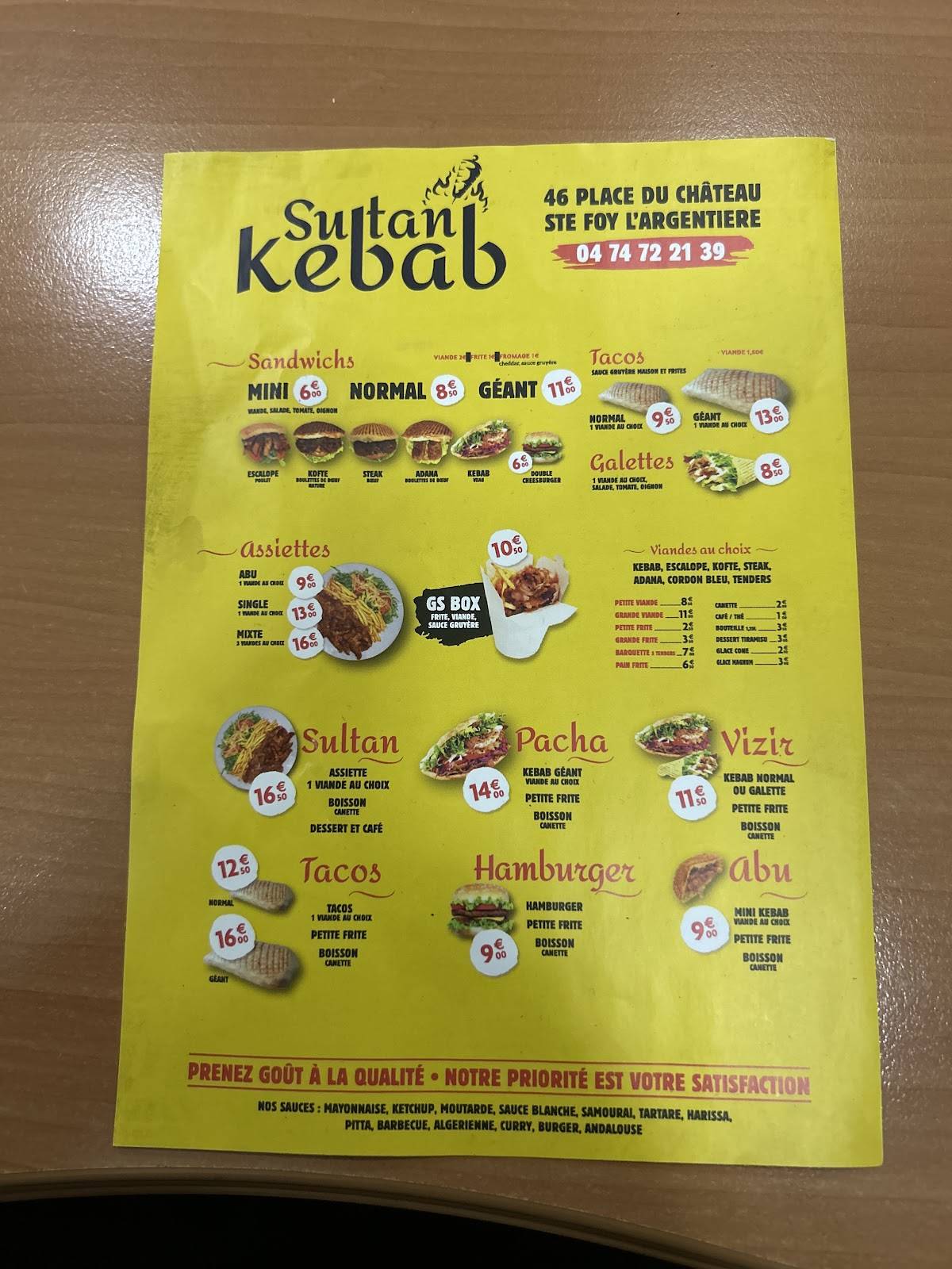 Menu au Sultan Kebab fast food, Sainte-Foy-l'Argentière