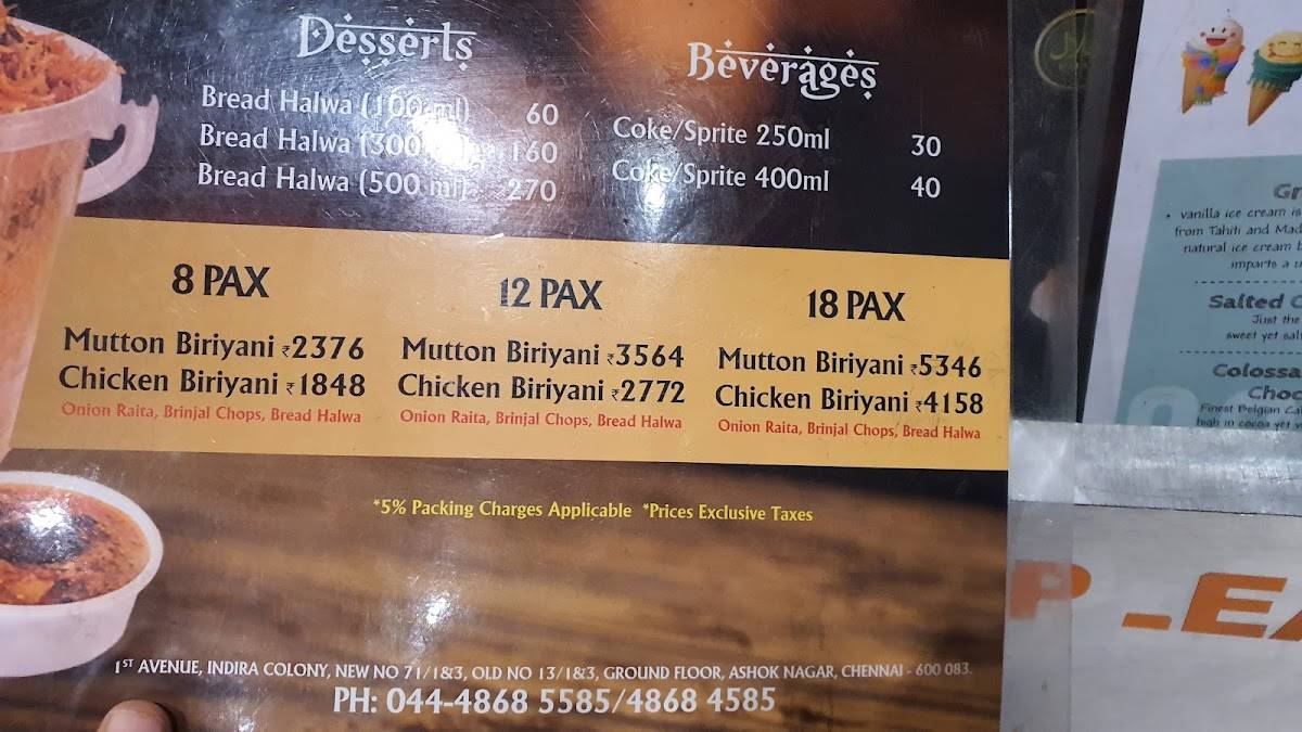 Menu at Sulthan's Biriyani, Ashok Nagar, Chennai