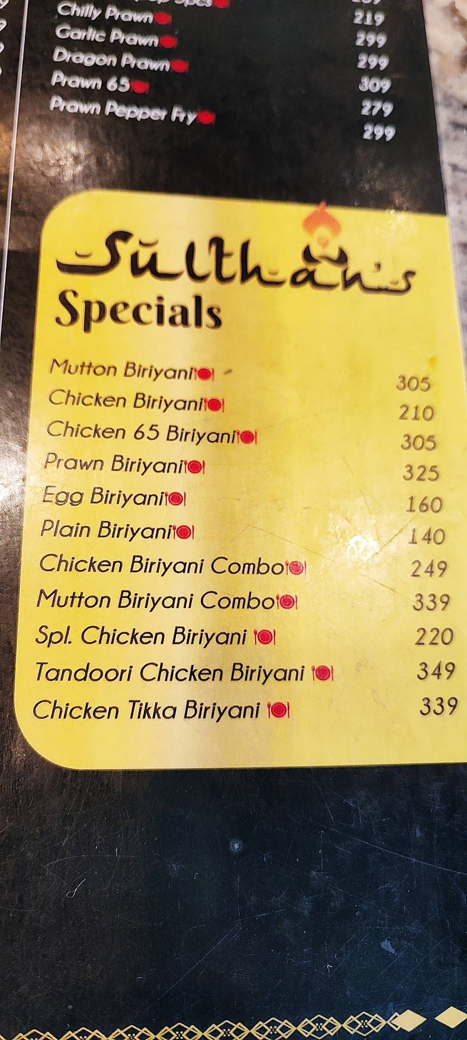 Menu at Sulthan's Biriyani, Ashok Nagar, Chennai