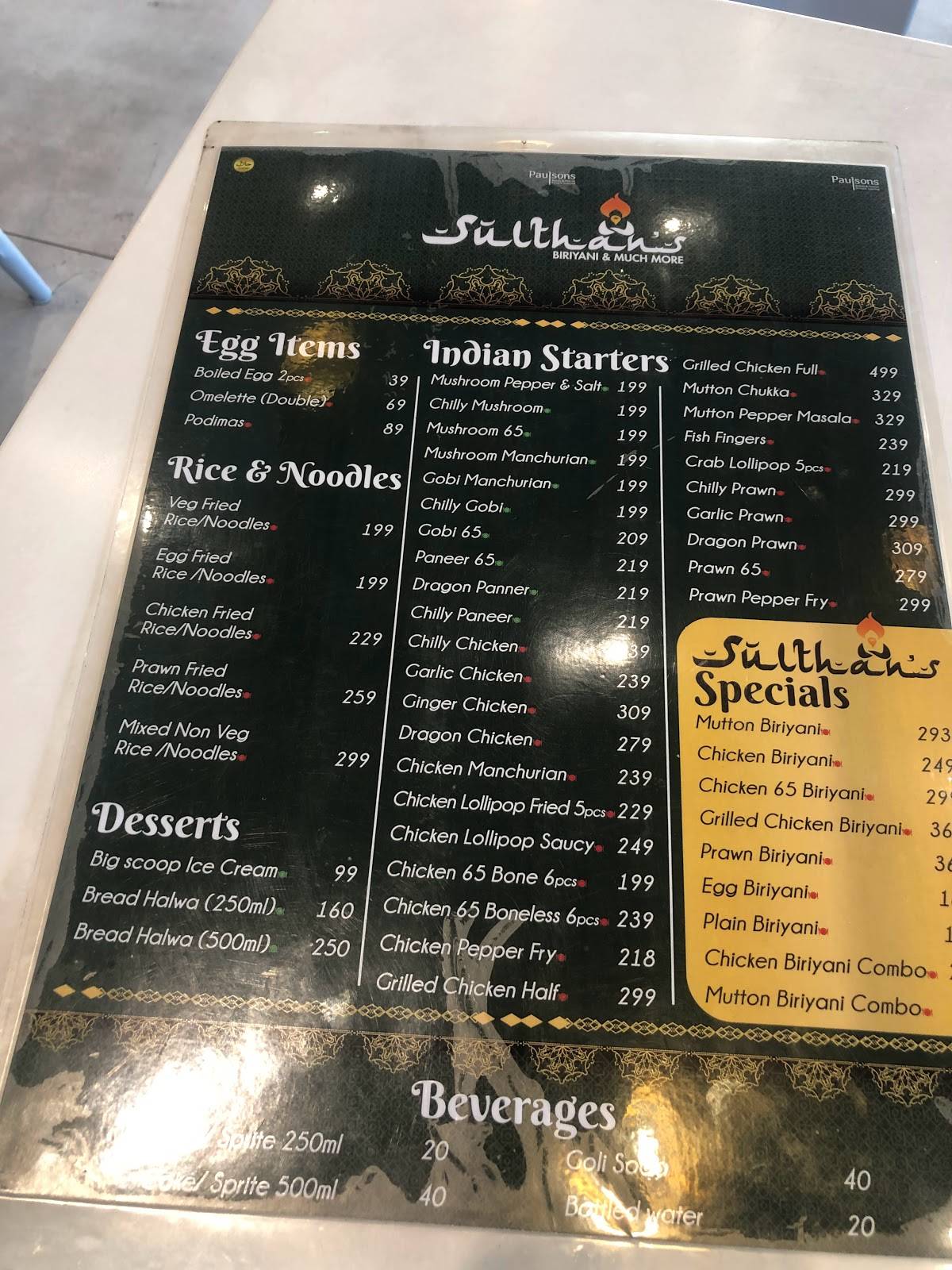 Menu at Sulthan's Biriyani, Ashok Nagar, Chennai