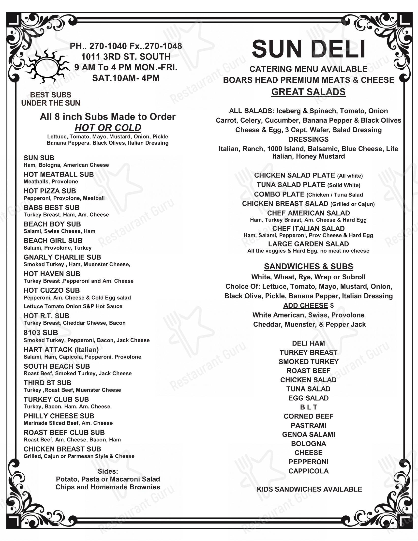 Menu at Sun Deli fast food, Jacksonville Beach