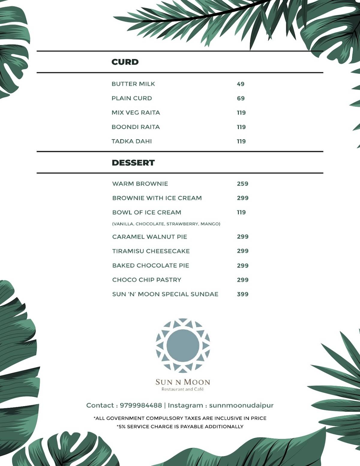 Menu at Sun N Moon Cafe & Restaurant, Udaipur