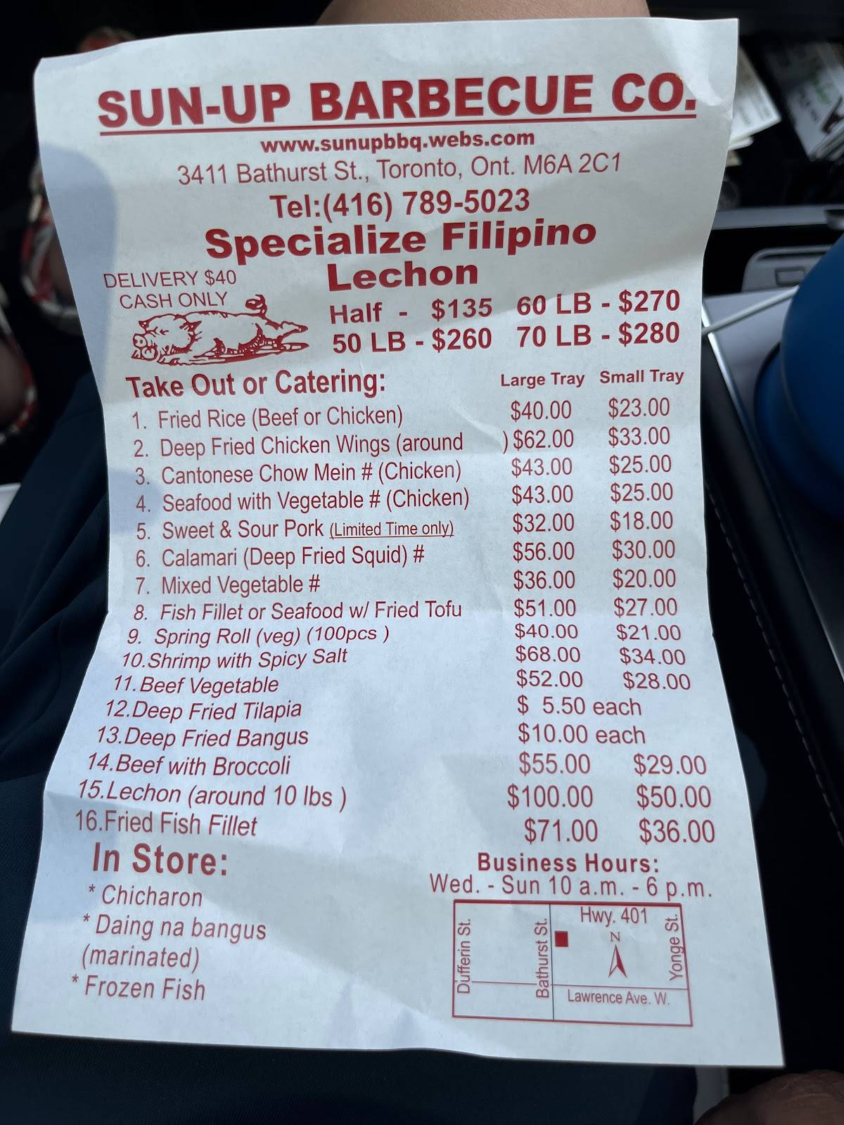 Menu at Sun Up Barbecue, Toronto