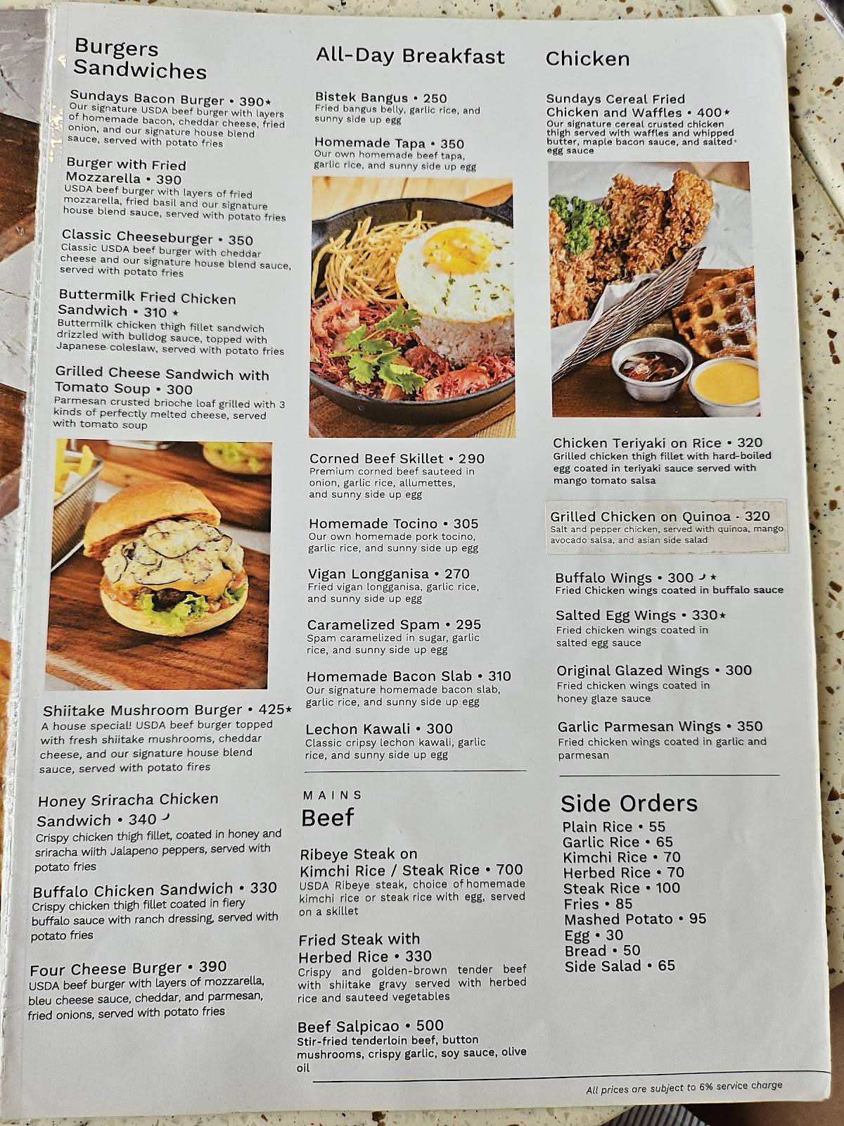 Menu at Sundays Cafe Maginhawa, Quezon City