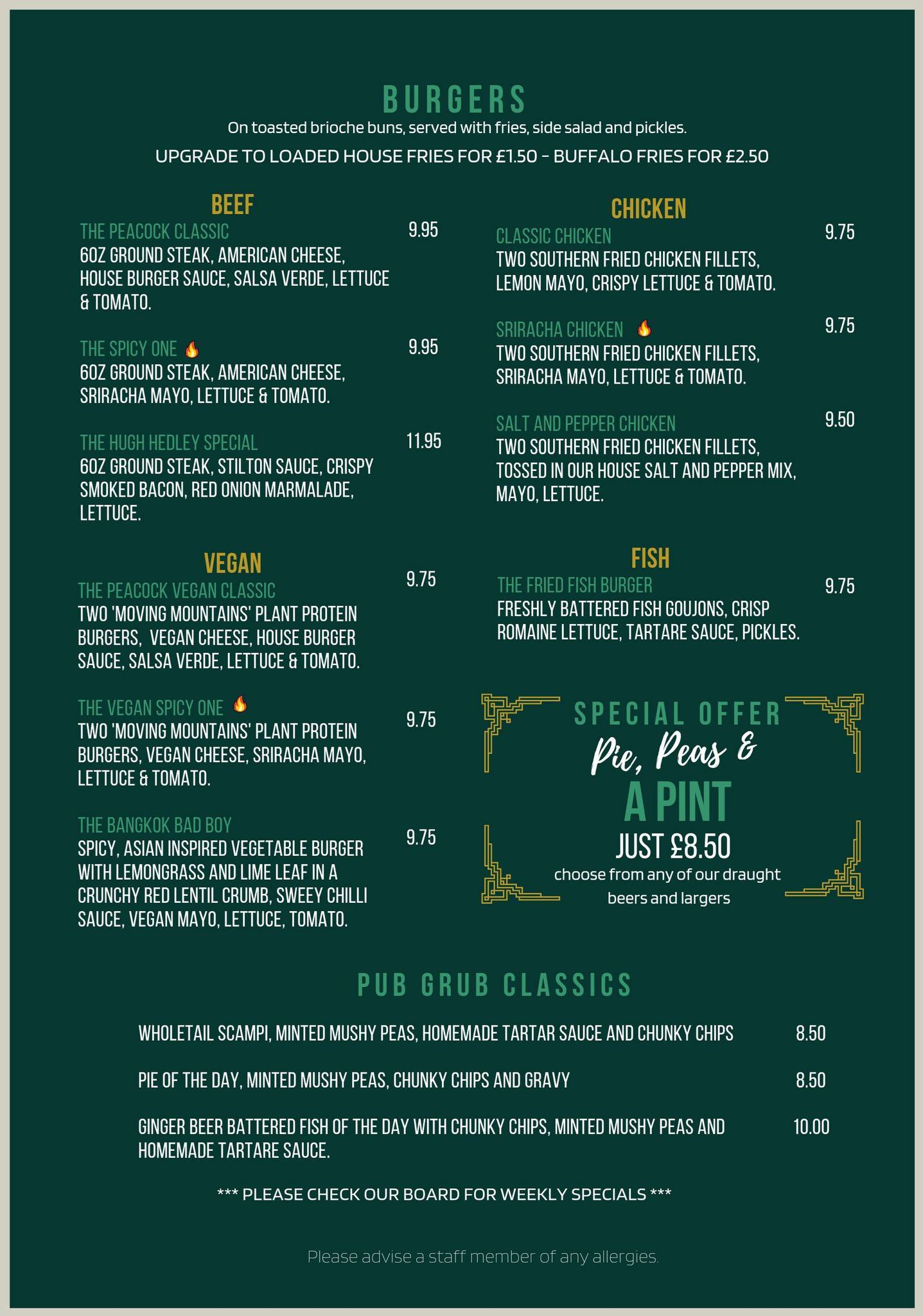 Menu at The Peacock restaurant, Sunderland