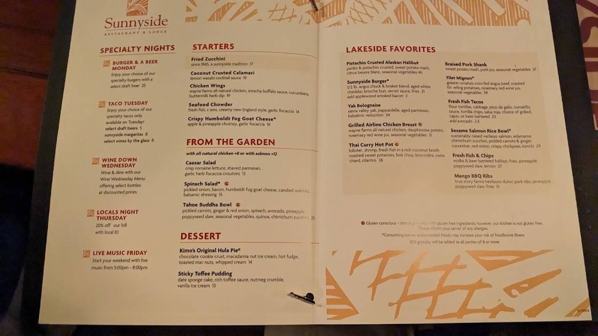Menu at Sunnyside Restaurant & Lodge, Tahoe City