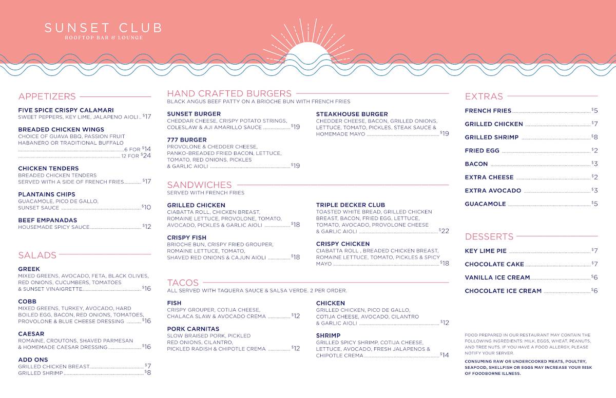 Menu at Sunset Club Rooftop Bar & Lounge, Hollywood