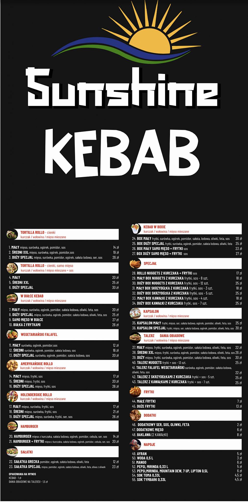 Menu at Sunshine Kebab restaurant, Krajenka