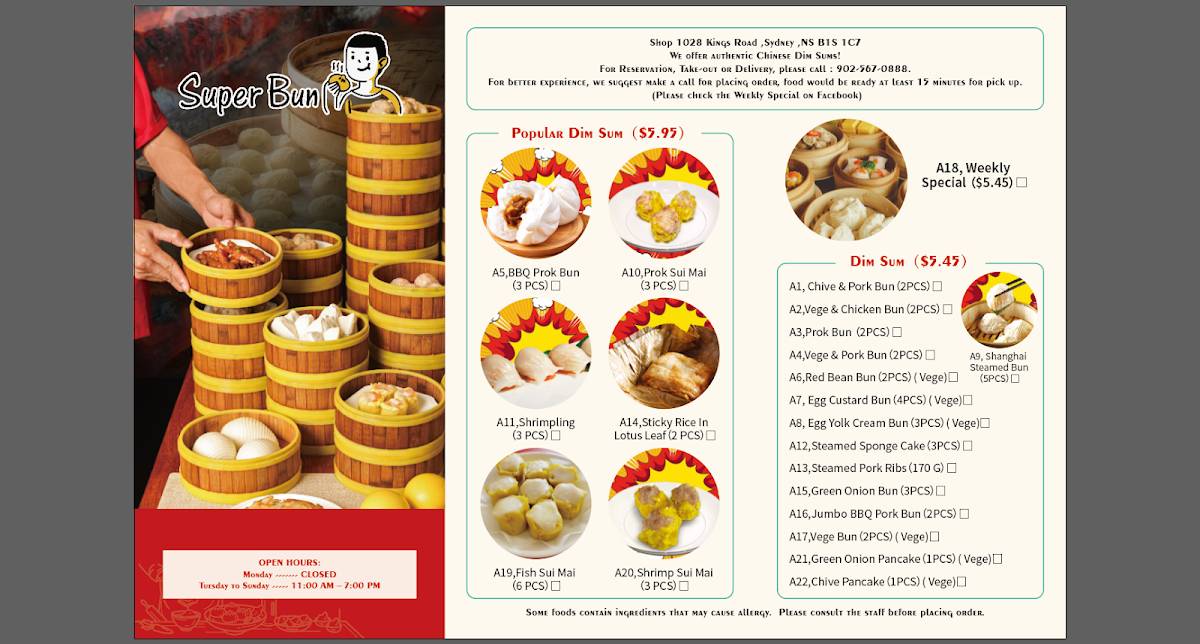 Menu at Super Bun fast food, Sydney River
