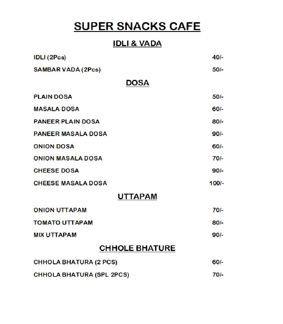 Menu at Super Snacks Cafe, Ranchi