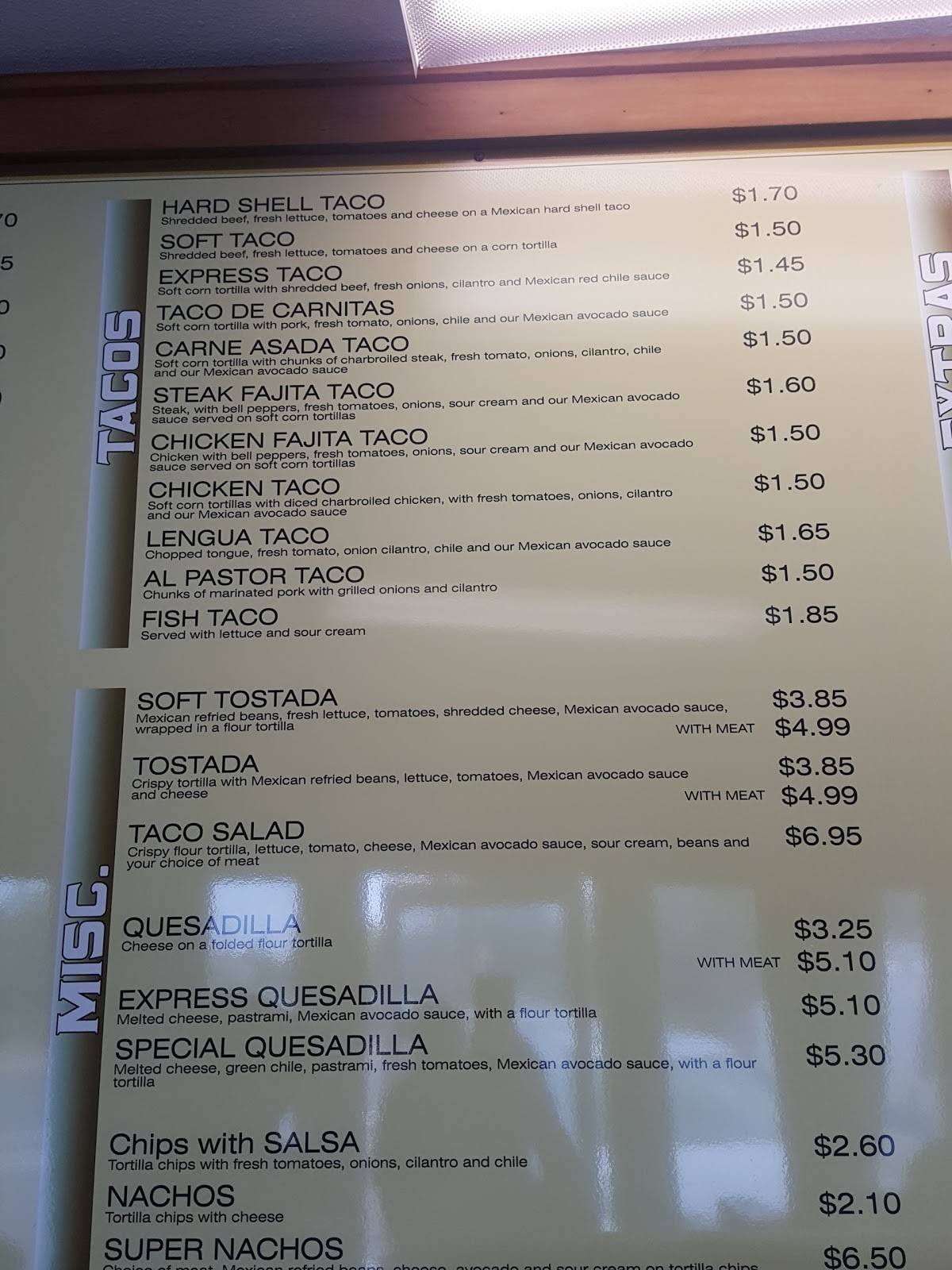 Menu at Super Taco Express restaurant, Vancouver