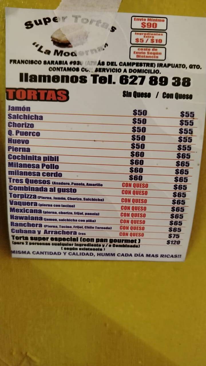 Carta del restaurante Súper Tortas La Moderna, Irapuato