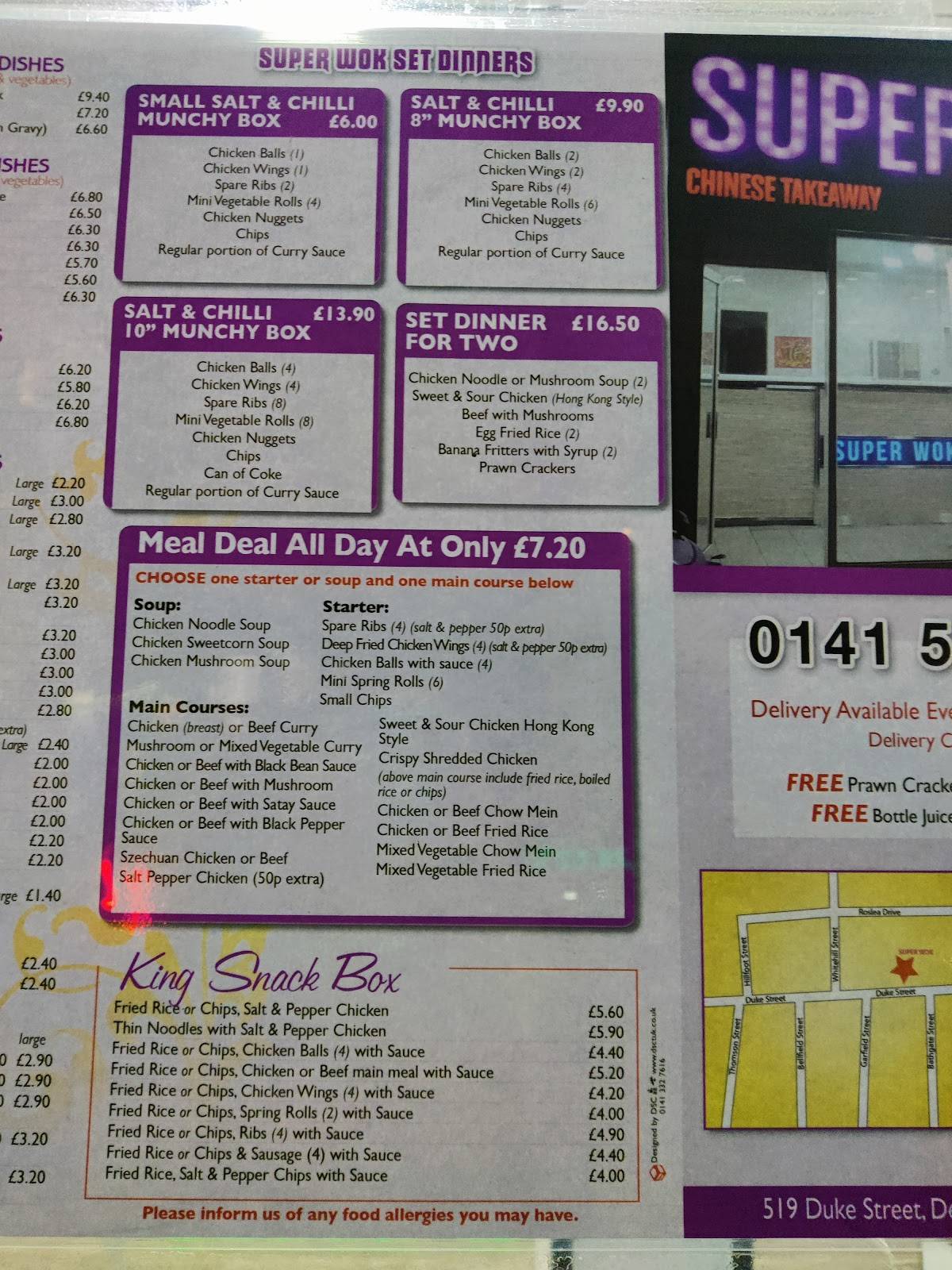 Menu at Super Wok restaurant, Glasgow, 519 Duke St
