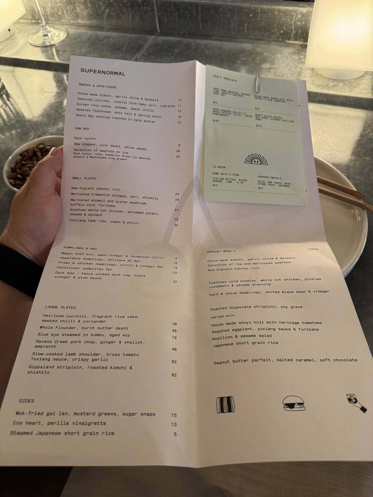 Menu at Supernormal restaurant, Melbourne