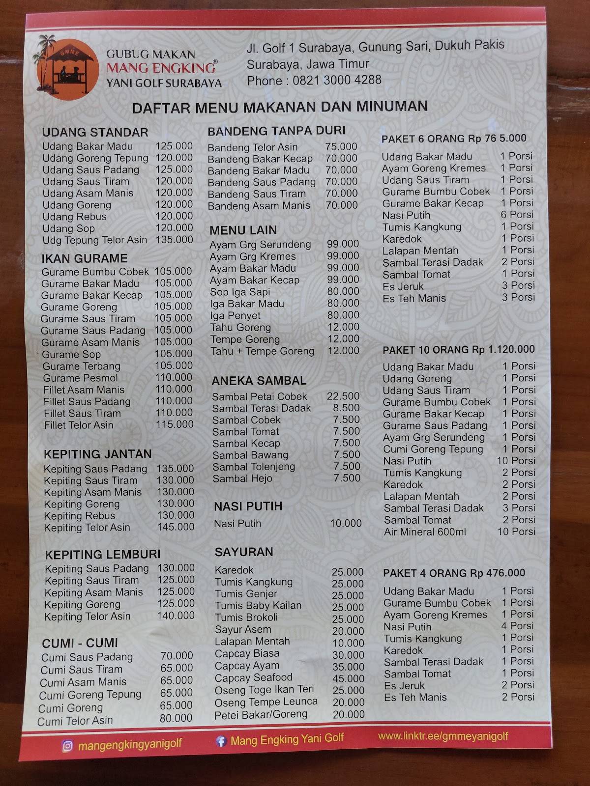 Menu at Gubug Makan Mang Engking Yani Golf Surabaya restaurant, Surabaya