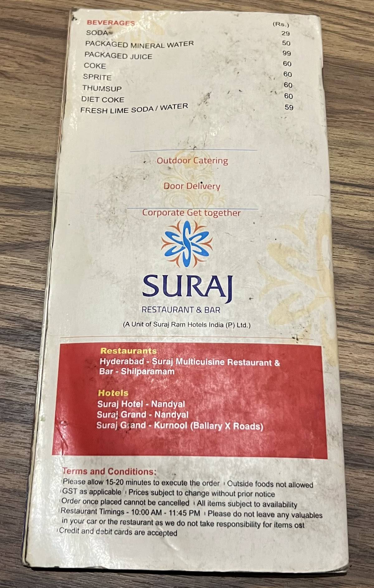 Menu at Suraj Garden Restaurant Bar, Hyderabad, Surya Enclave Madhapur