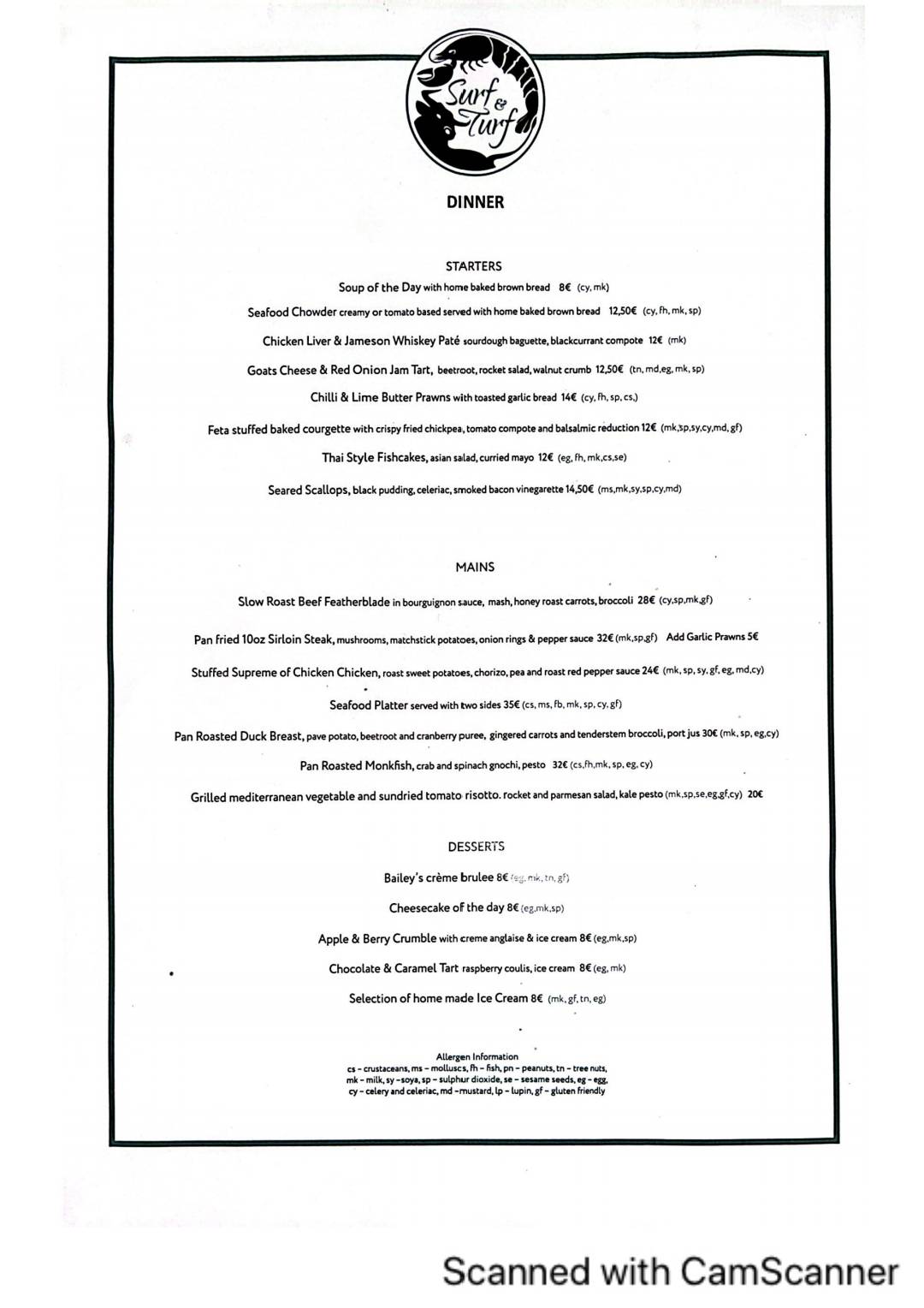 Menu at Surf And Turf restaurant, Midleton, East Cork Golf Club