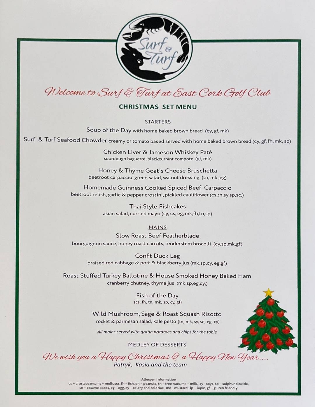 Menu at Surf And Turf restaurant, Midleton, East Cork Golf Club