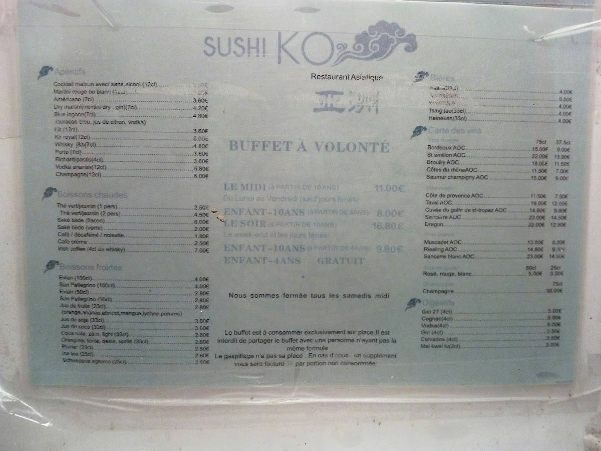 Menu au Sushi Ko restaurant, Chaumontel