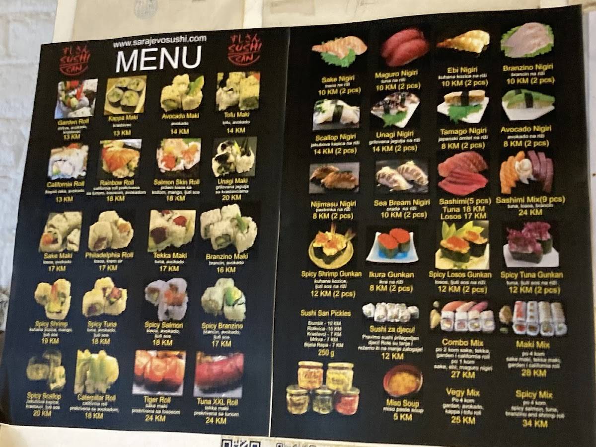 Menu at Sushi San restaurant, Sarajevo
