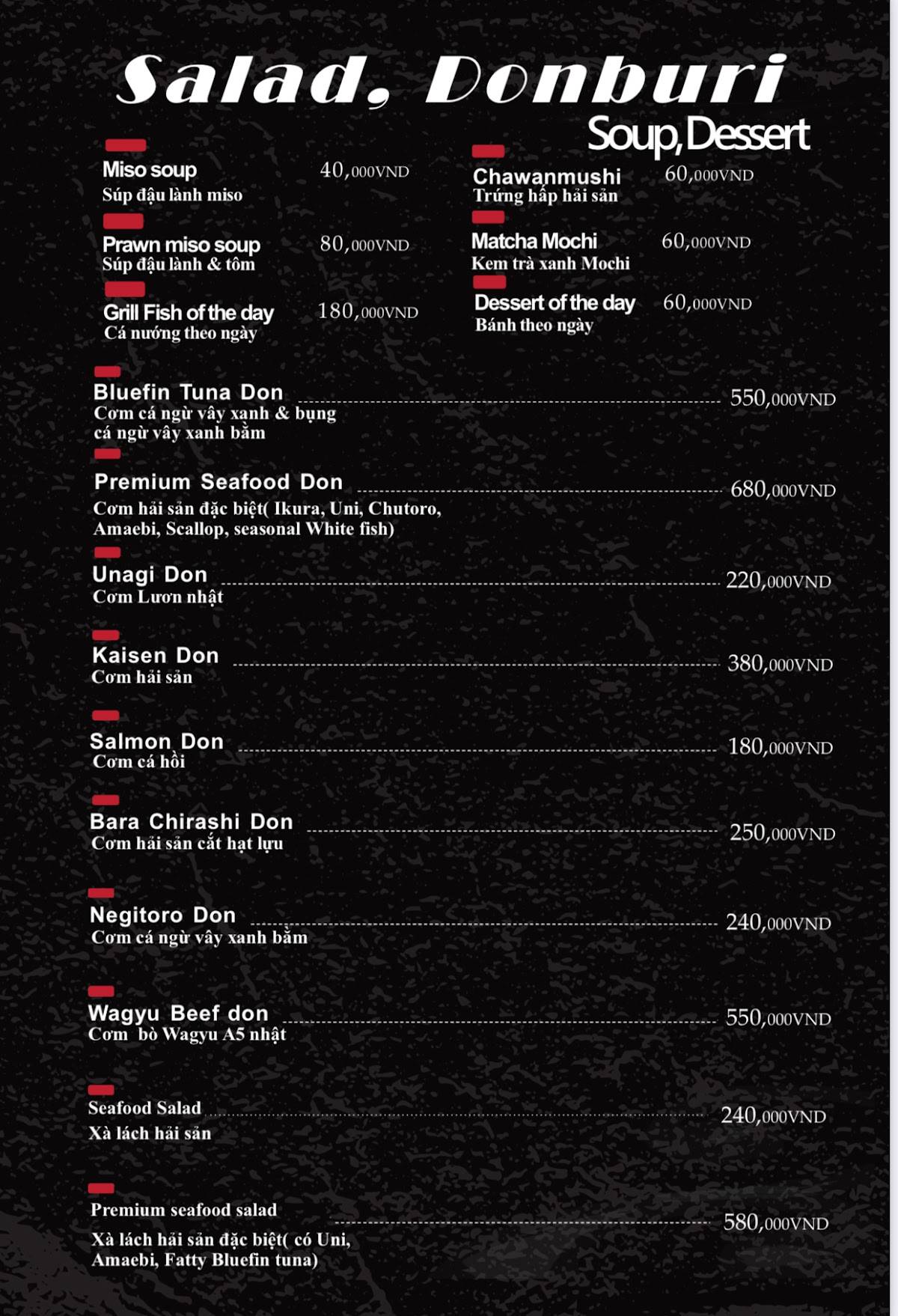 Menu at Sushi Taka Omakase restaurant, Ho Chi Minh City